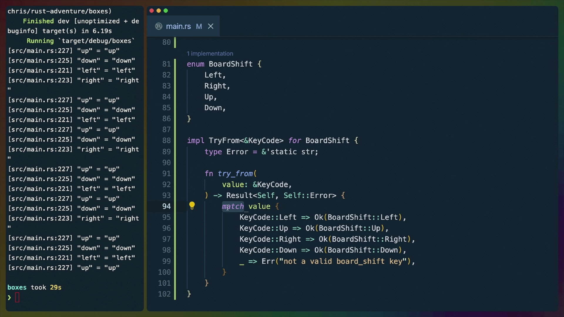 Turning keyboard input into board moves by implementing TryFrom
