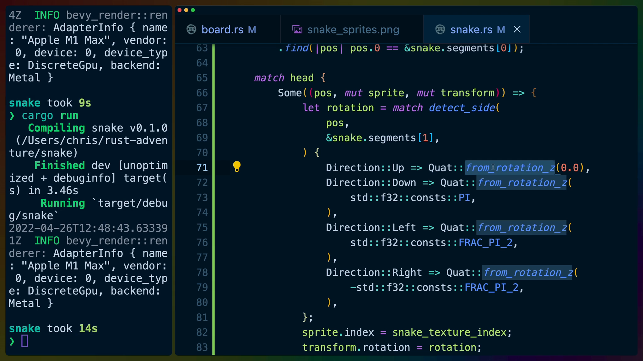 Quaternions and SpriteSheets for Snake textures